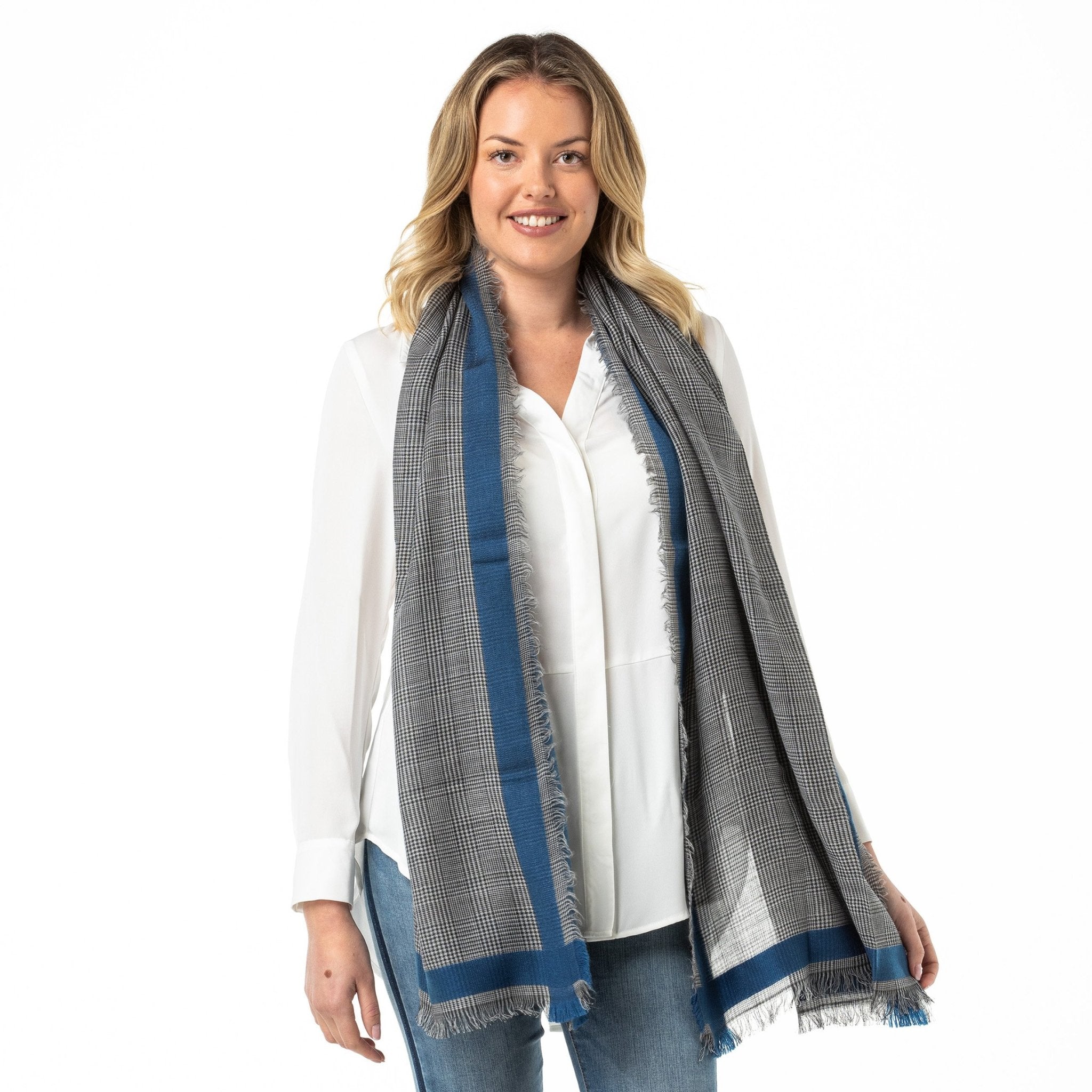 Blue Border Merino/Cotton/Acrylic Shawl – Opal Merino