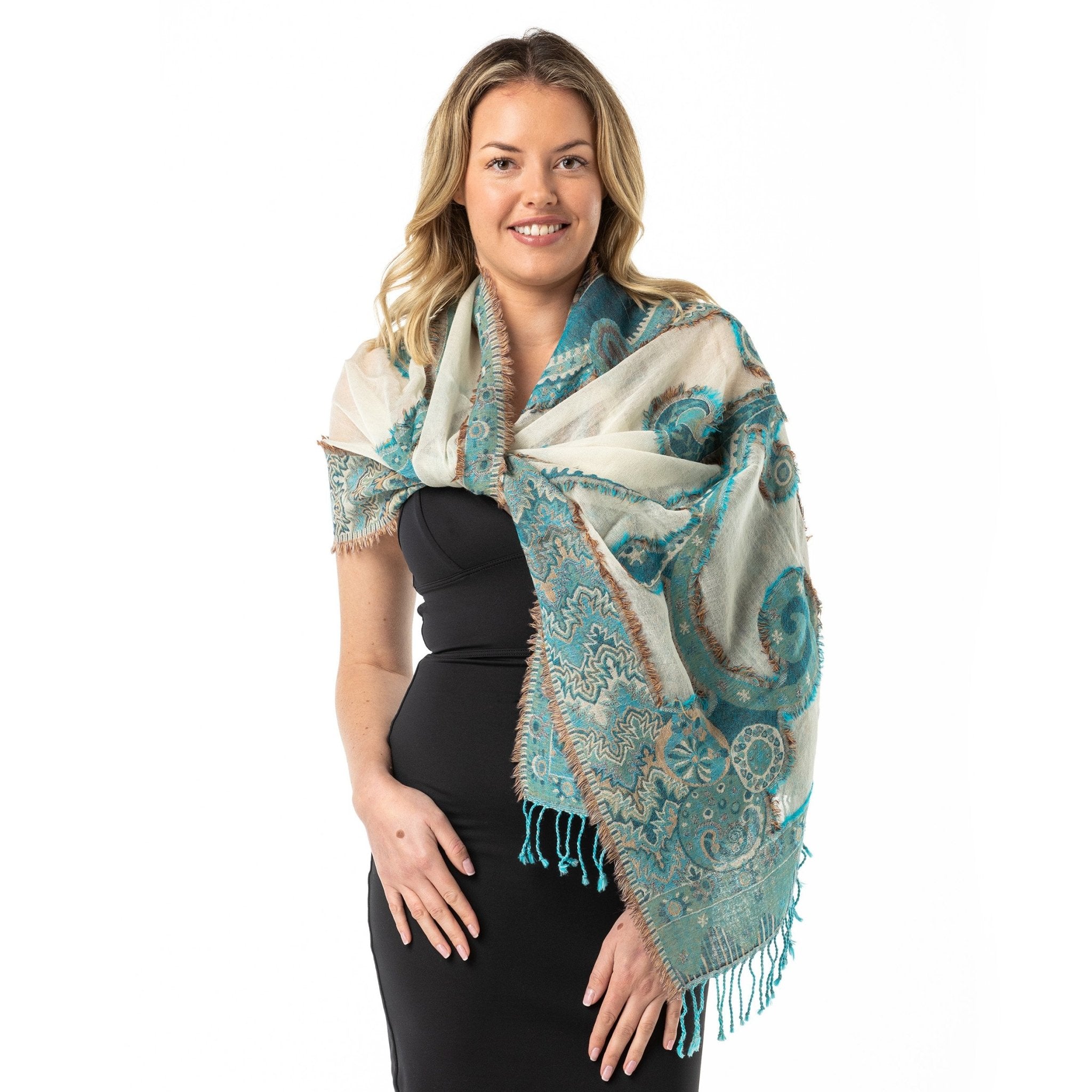White Turquoise Fray Merino Wool Shawl – Opal Merino